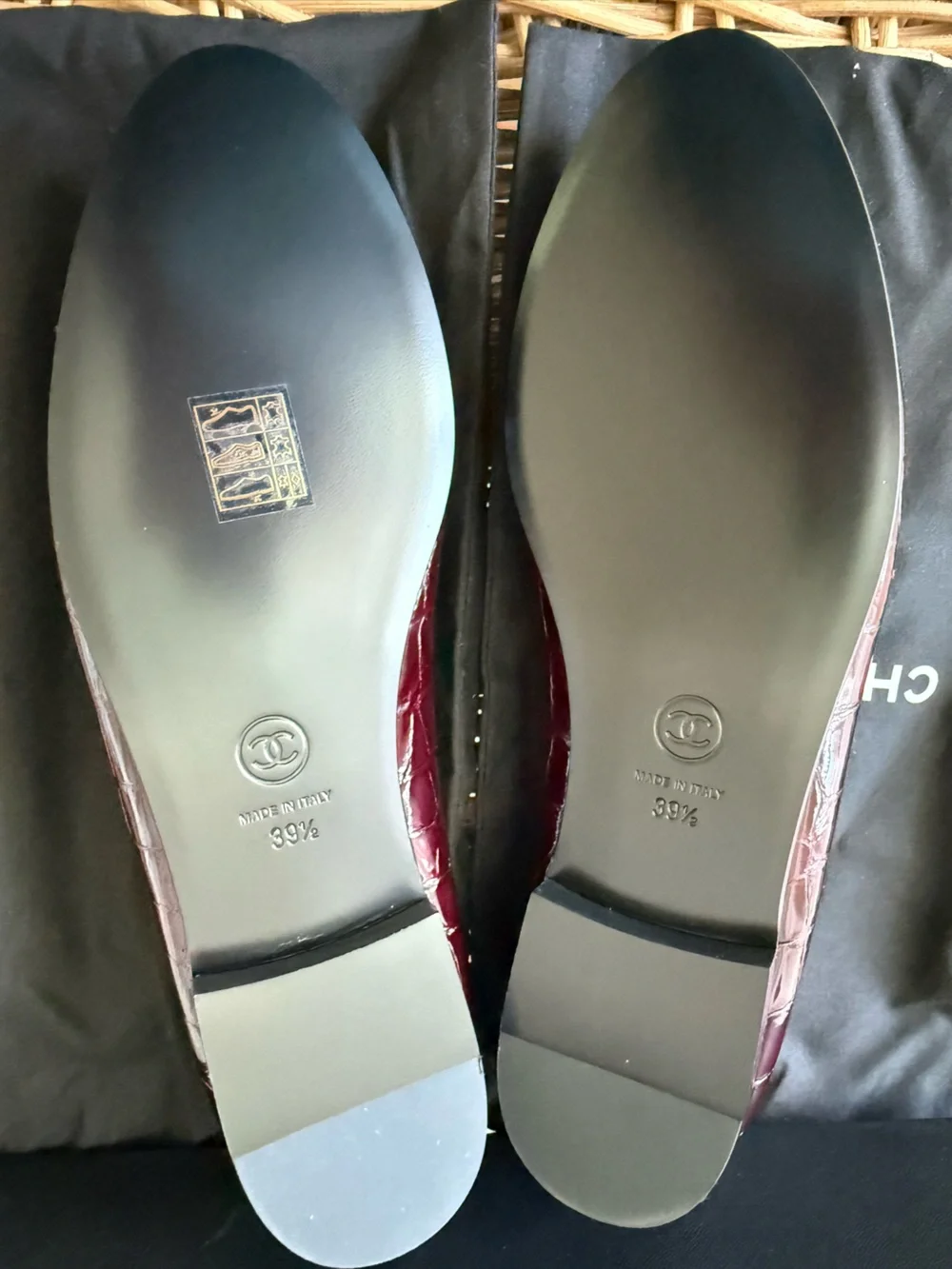 CHANEL | Shoes | Chanel Burgundy And Black Croc Patent Ballet Flats ...